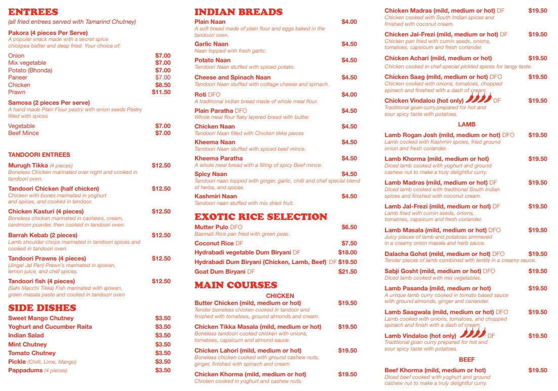 Take Away Menu | Mystic India